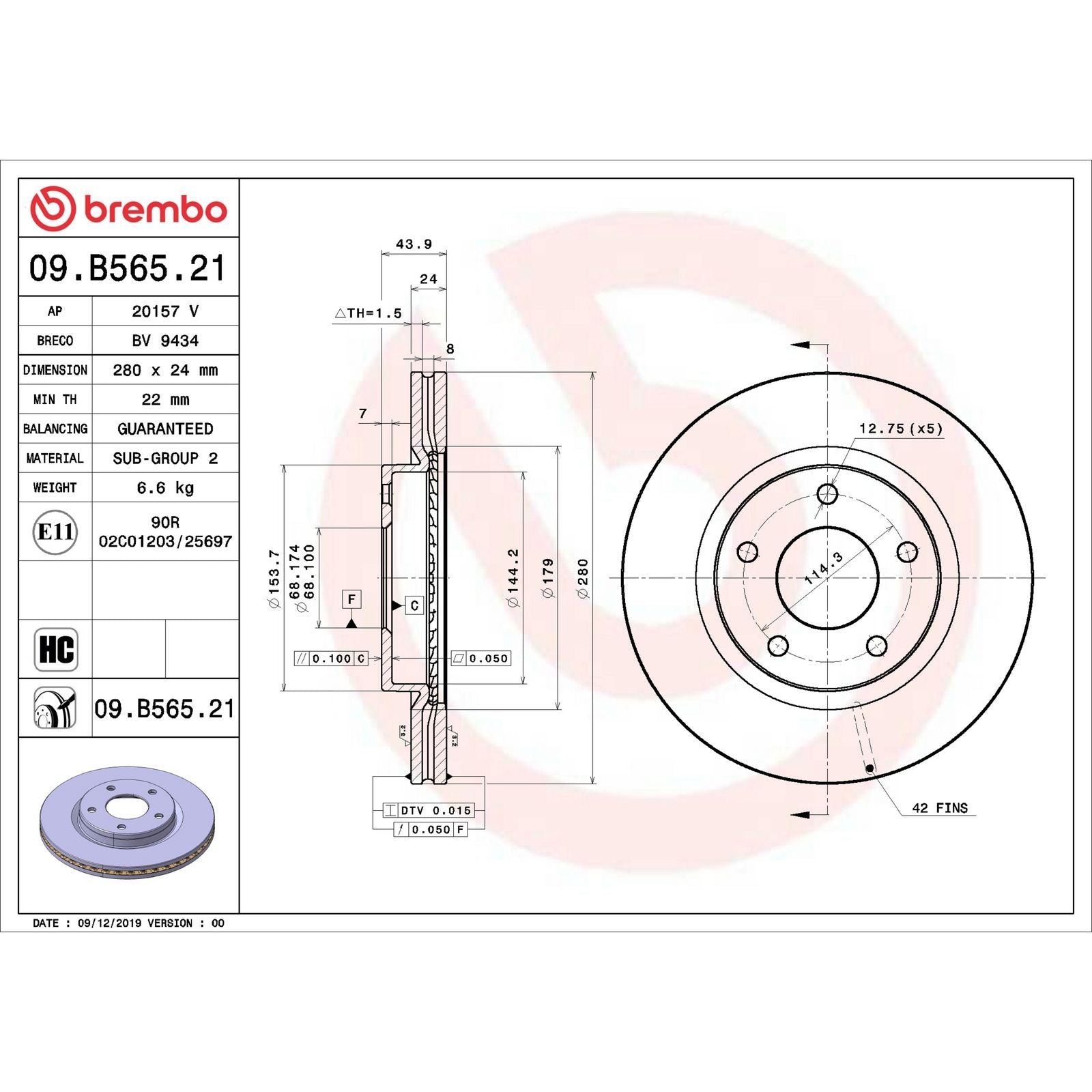 PRIME UV Coated Front Disc Brake Rotor 09.B565.21 | Brembostore